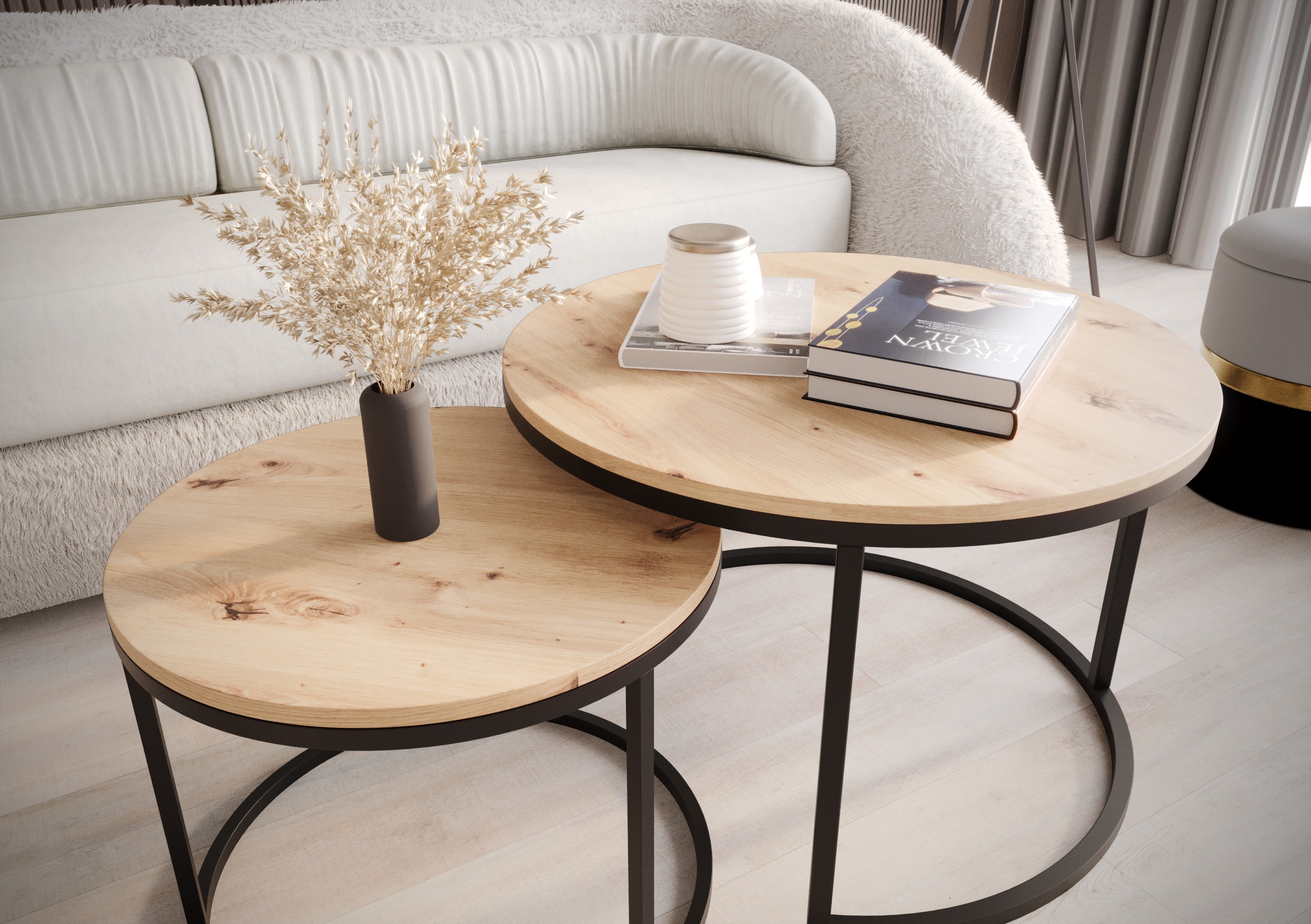 Zestaw dwóch okrągłych stolików MJU MIDI - Dąb Artisan Dąb Artisan | sklep meblowy Meblowapaczka.pl